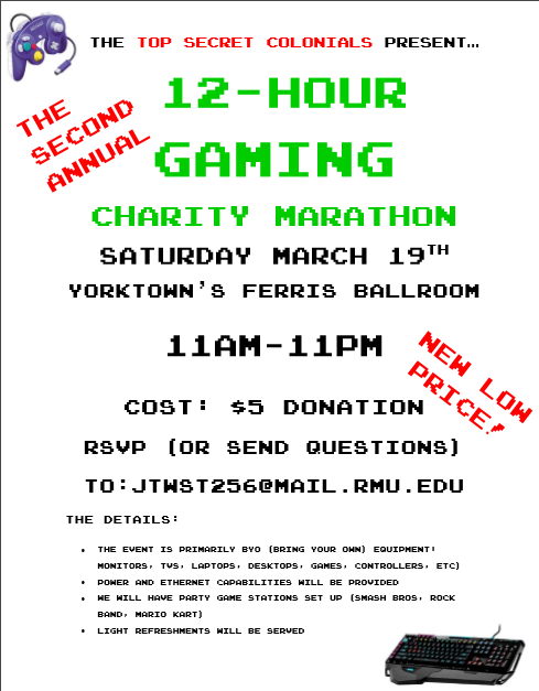 TSC 12-Hour Gaming Charity Marathon – Saturday, March 19th | CIS @ RMU